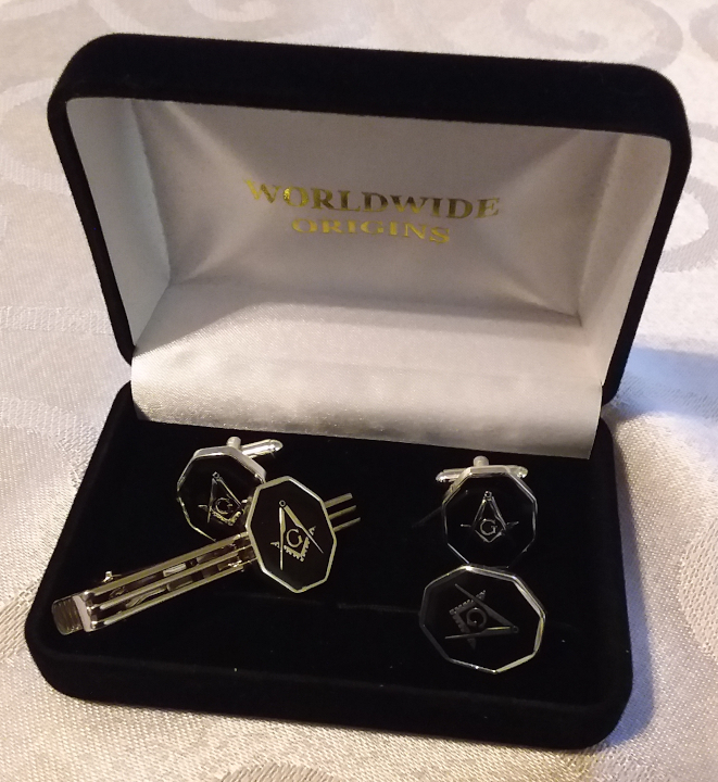Mason Symbol Octagon Cufflinks - Lapel Pin - Tiebar - Silver & Black ...