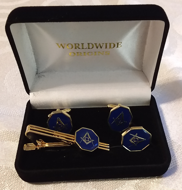 Mason Symbol Octagon Cufflinks - Lapel Pin - Tiebar - Blue & Gold - Set ...